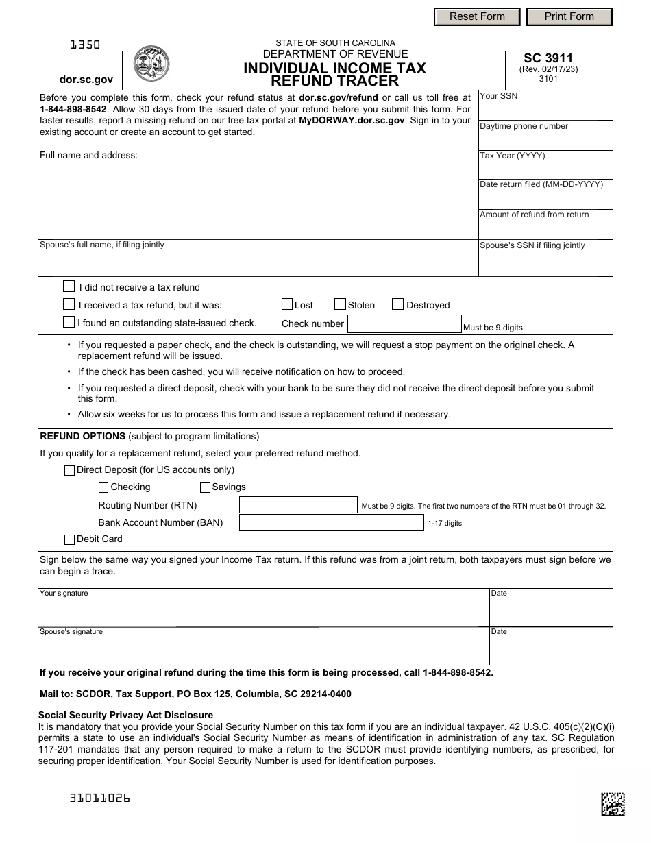 Form SC3911 Download Fillable PDF or Fill Online Individual Income Tax ...
