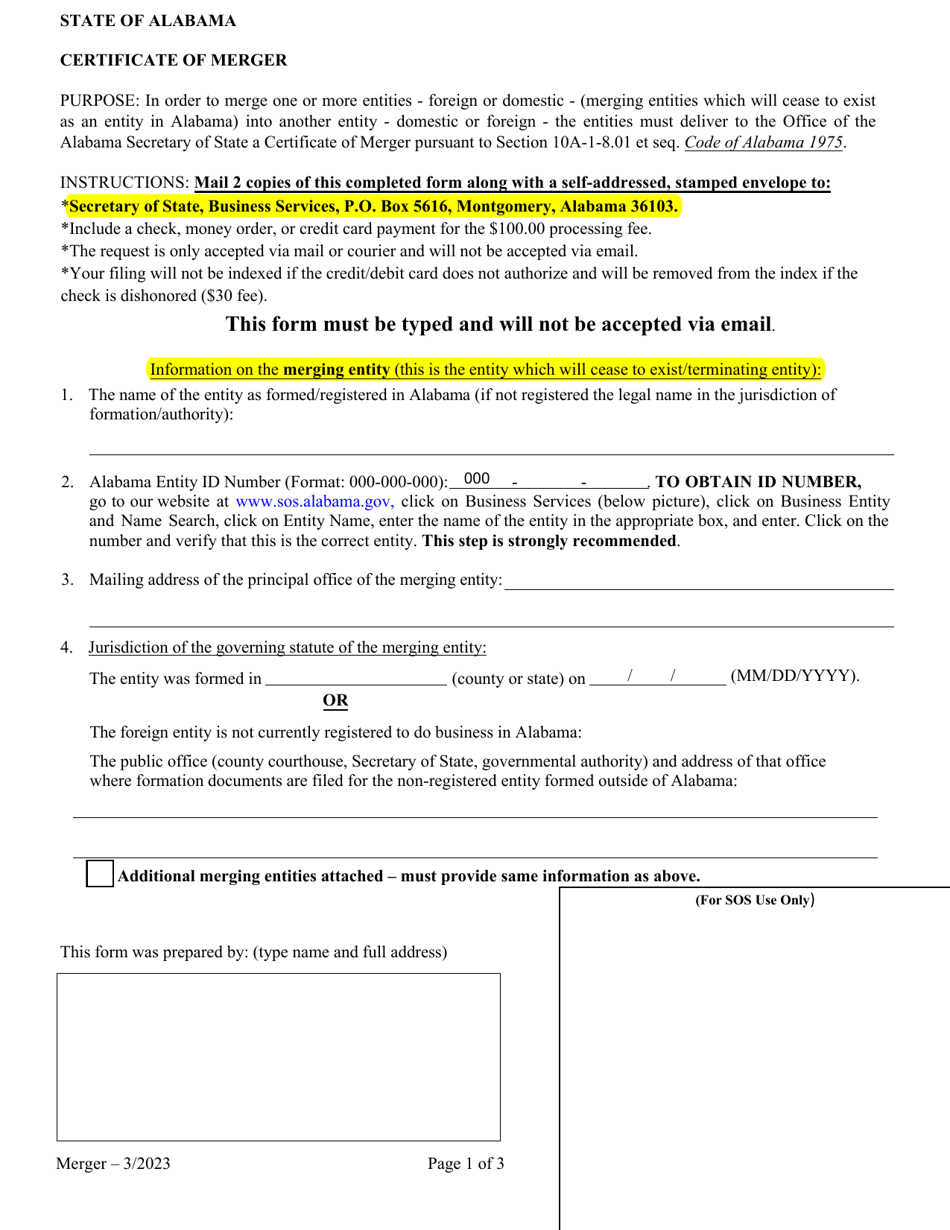Alabama Certificate of Merger Download Fillable PDF | Templateroller