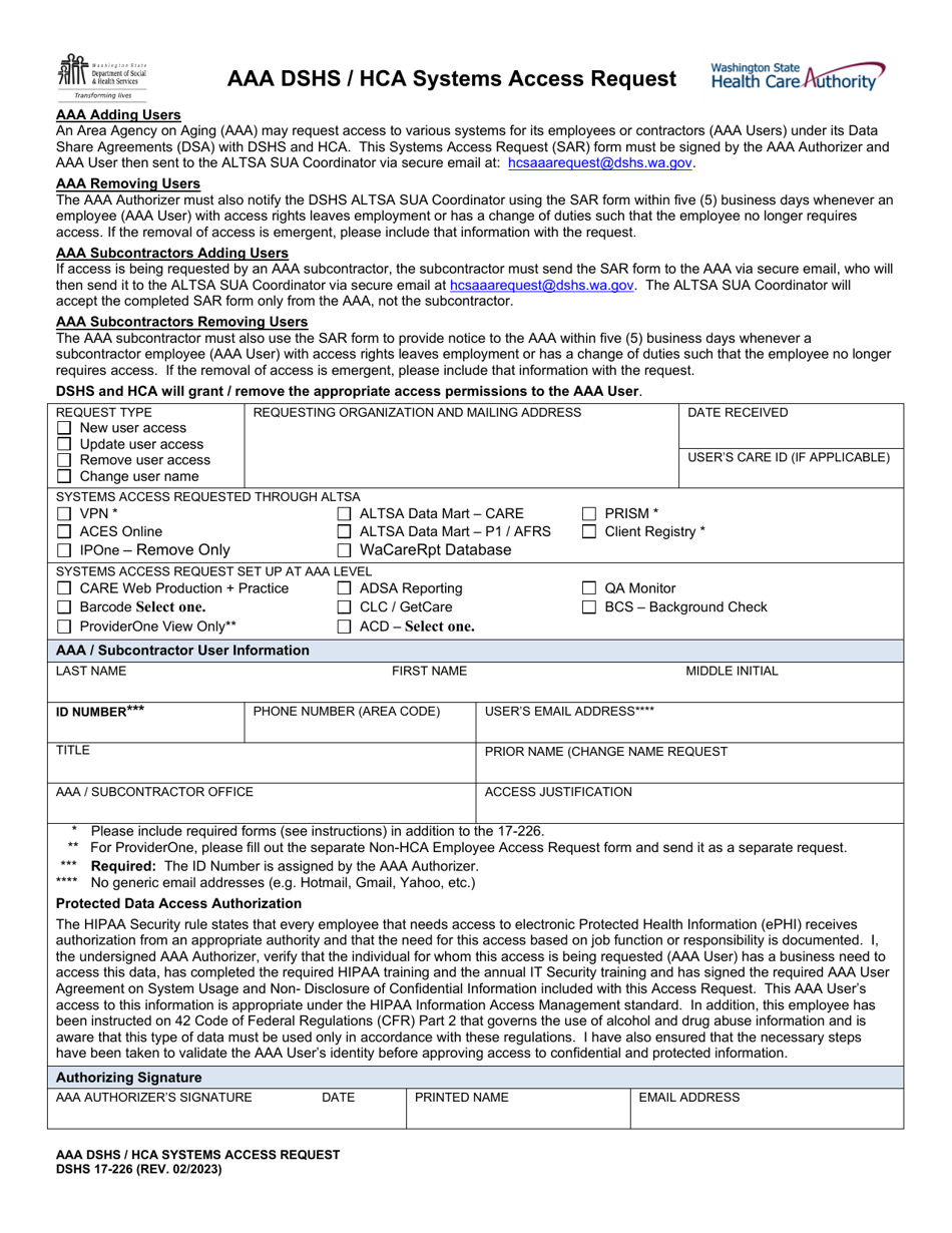 DSHS Form 17-226 Download Printable PDF or Fill Online Aaa Dshs/Hca Systems Access Request ...