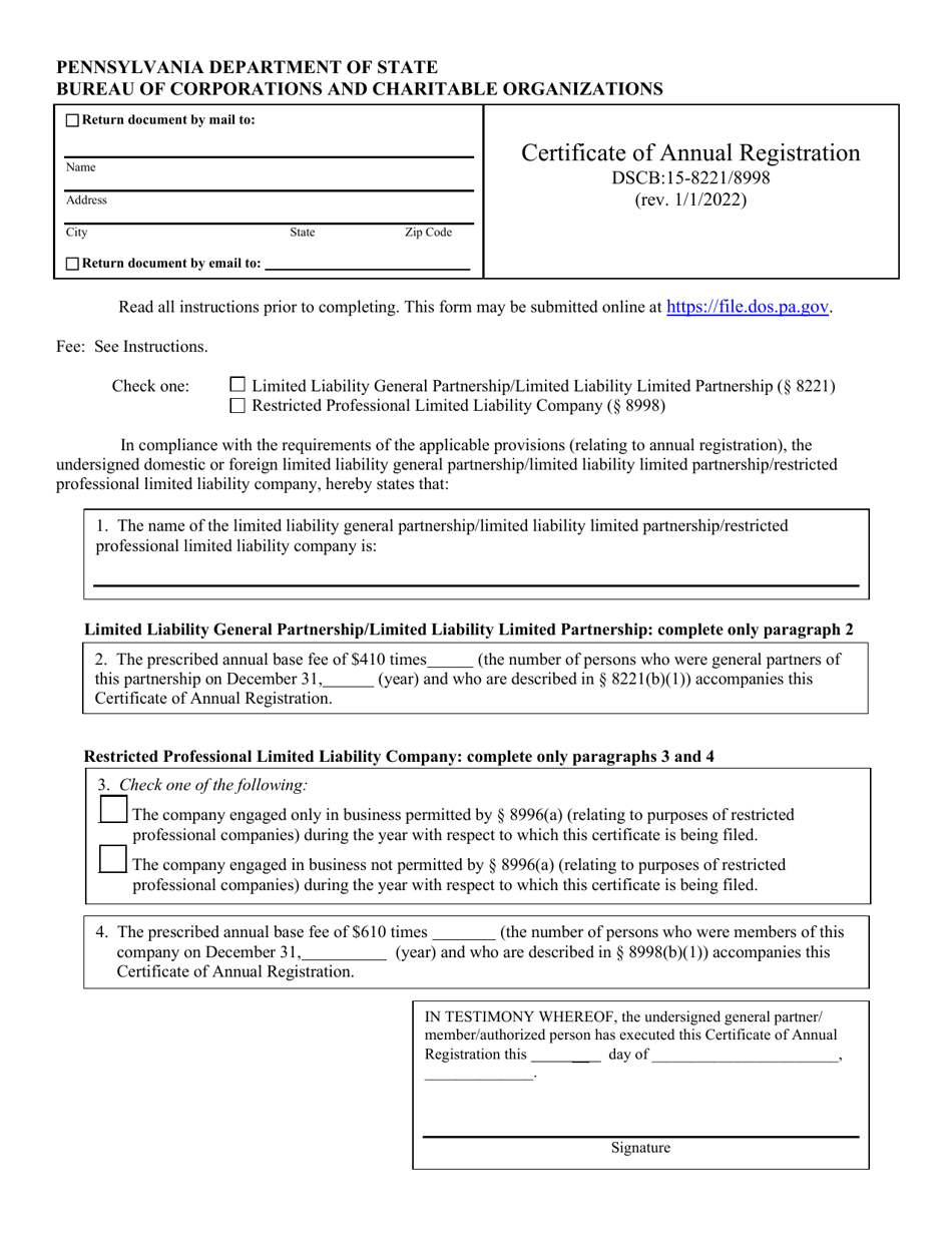 Form DSCB:15-8221/8998 - Fill Out, Sign Online and Download Fillable PDF, Pennsylvania ...