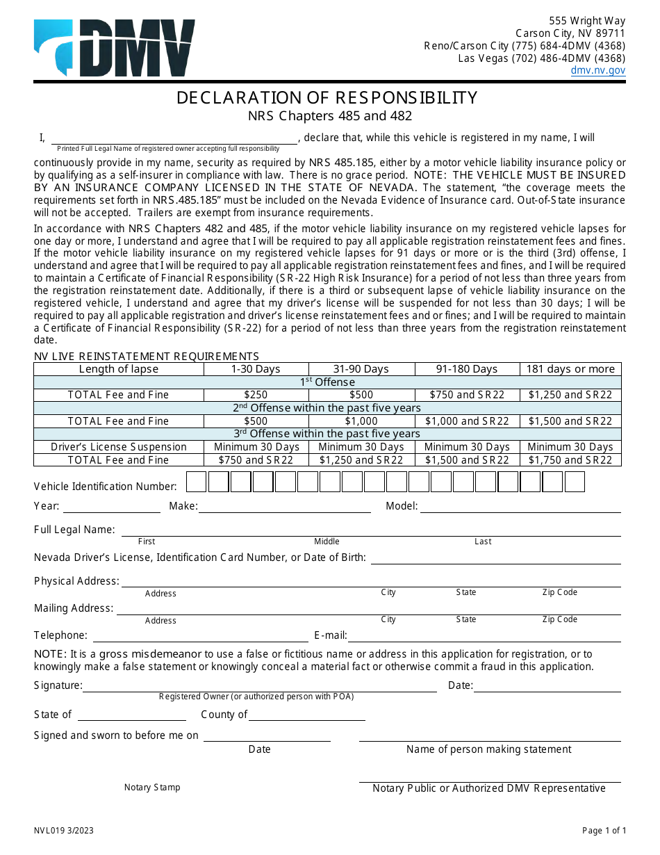 Form NVL019 Download Fillable PDF or Fill Online Declaration of ...
