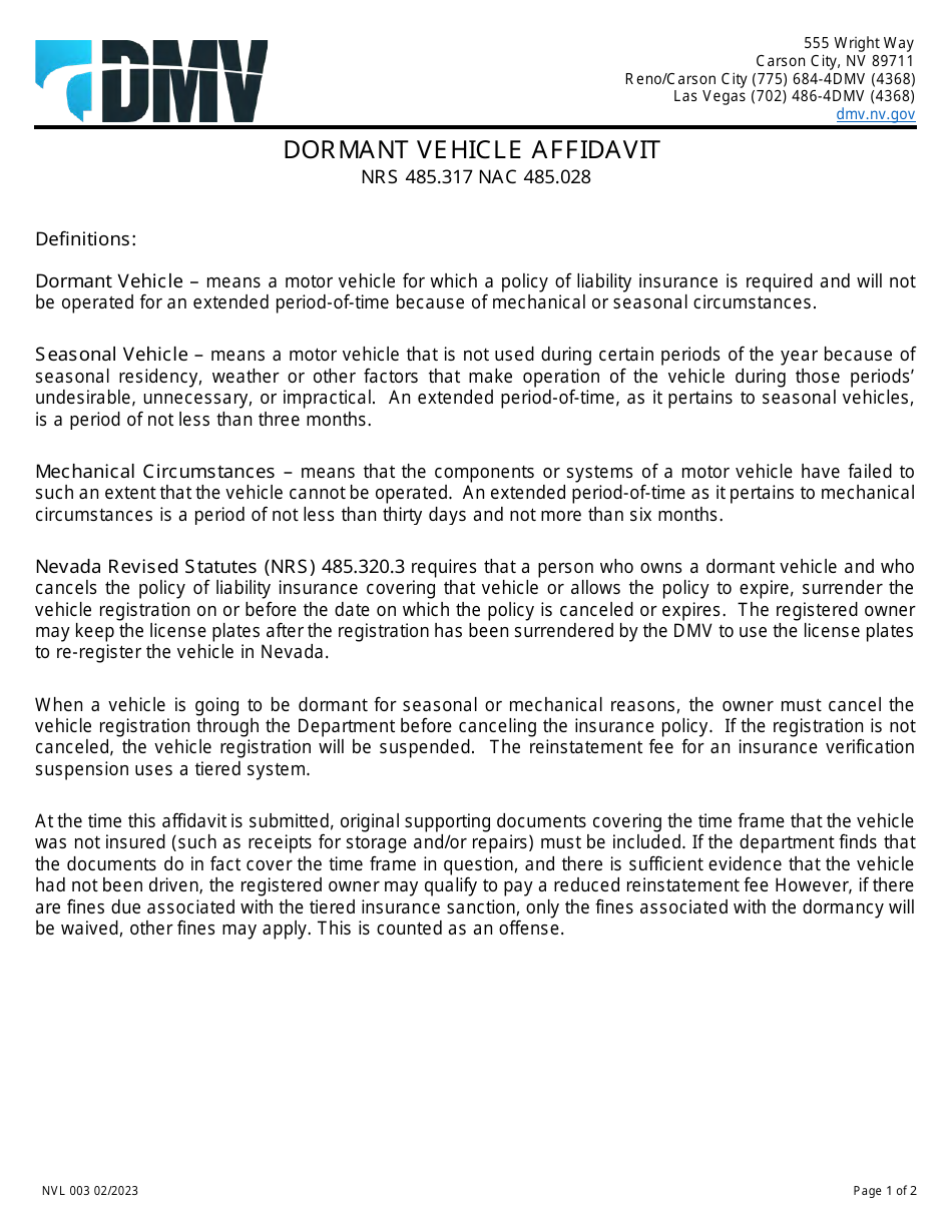 Form NVL003 Download Fillable PDF or Fill Online Dormant Vehicle ...