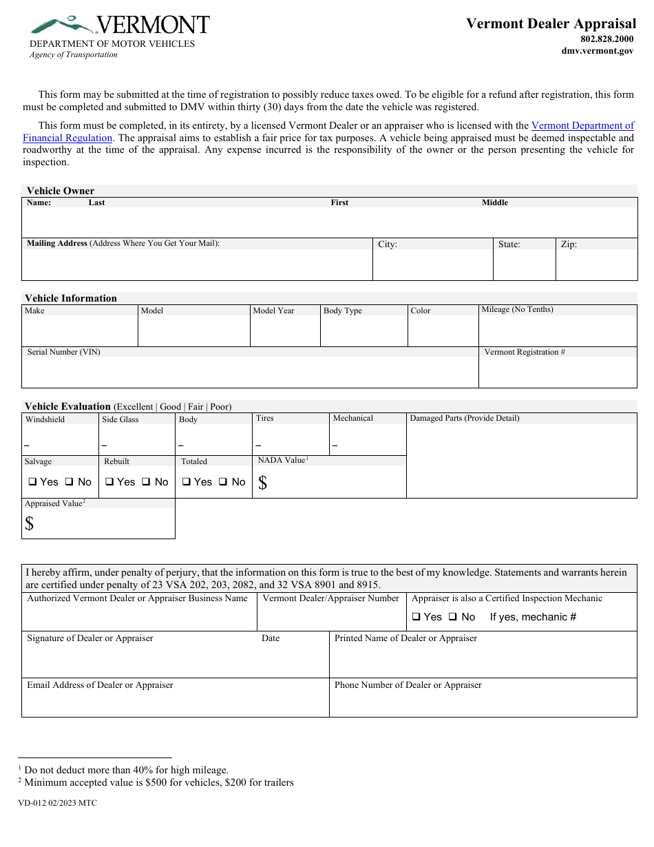 Form VD-012 - Fill Out, Sign Online and Download Fillable PDF, Vermont ...