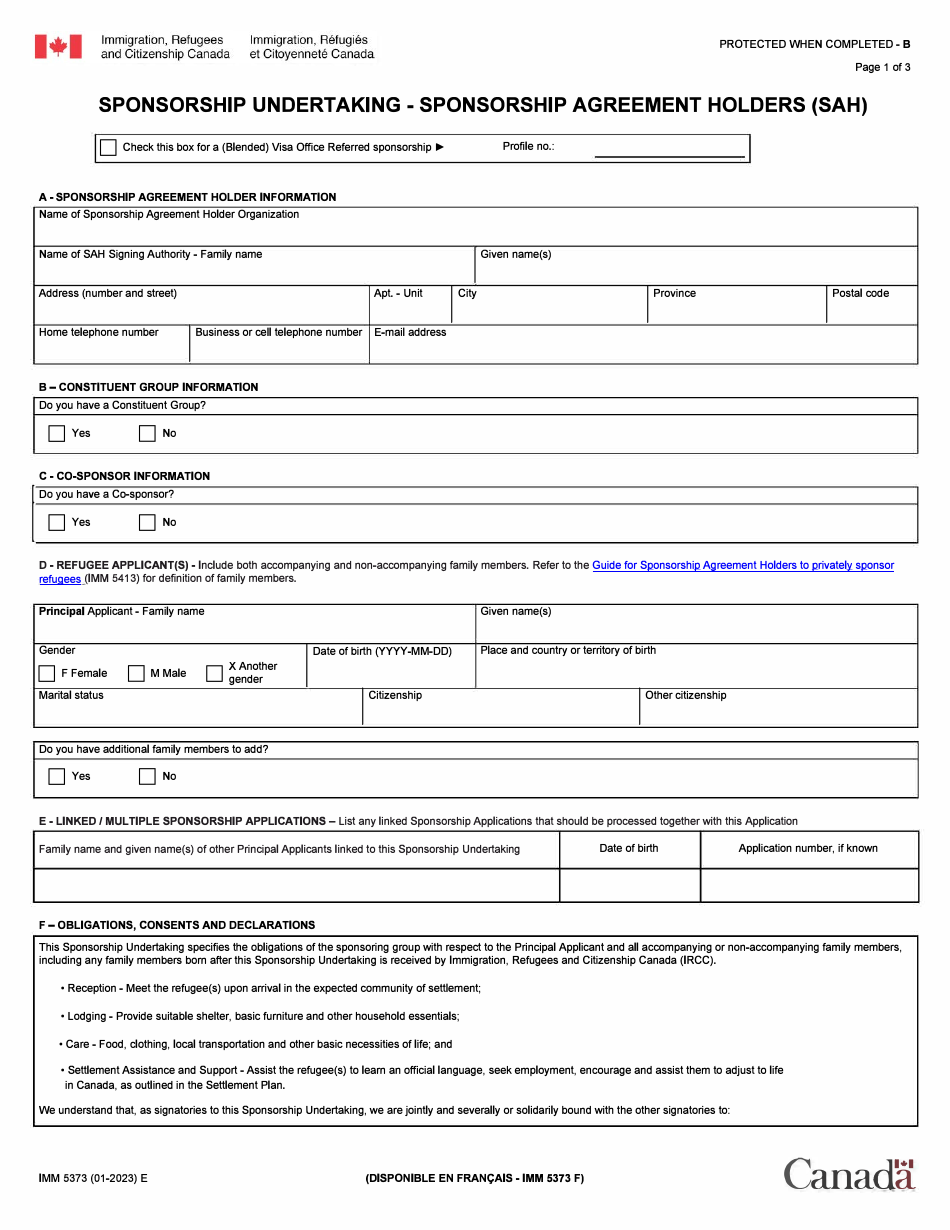 Form IMM5373 Download Fillable PDF or Fill Online Sponsorship Undertaking - Sponsorship ...