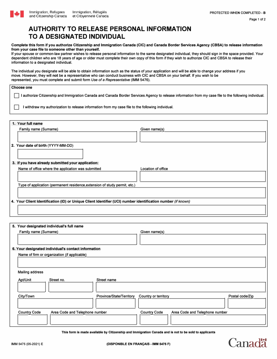 Form IMM5475 Download Fillable PDF Authority to Release Personal ...
