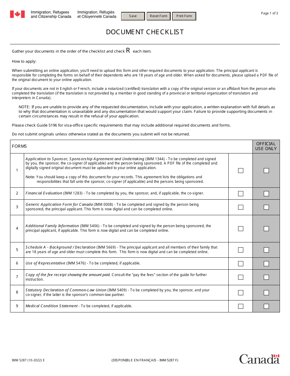 Form IMM5287 Download Fillable PDF Document Checklist - Sponsor, Canada ...