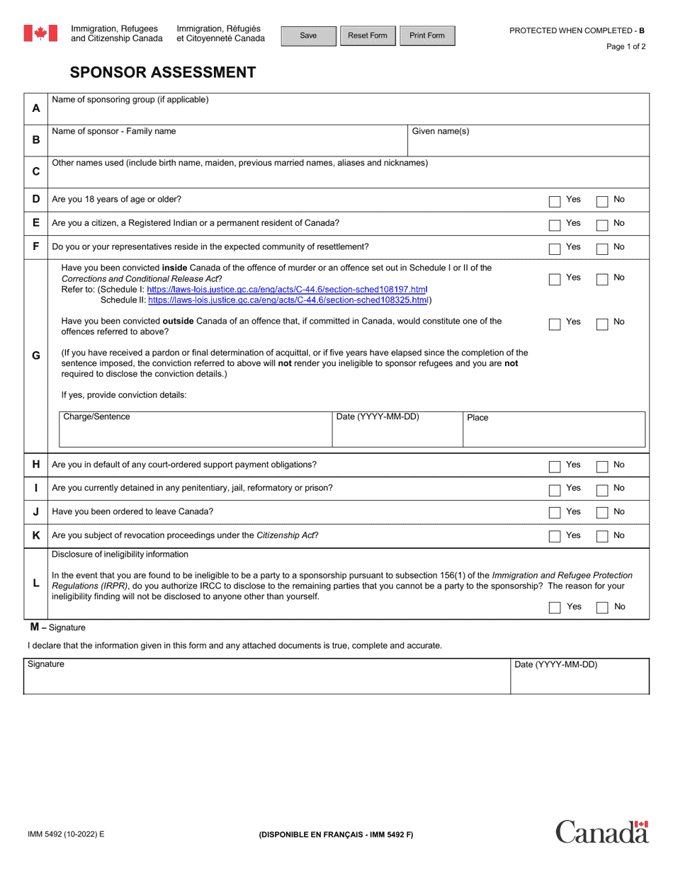 Form IMM5492 Download Fillable PDF or Fill Online Sponsor Assessment ...
