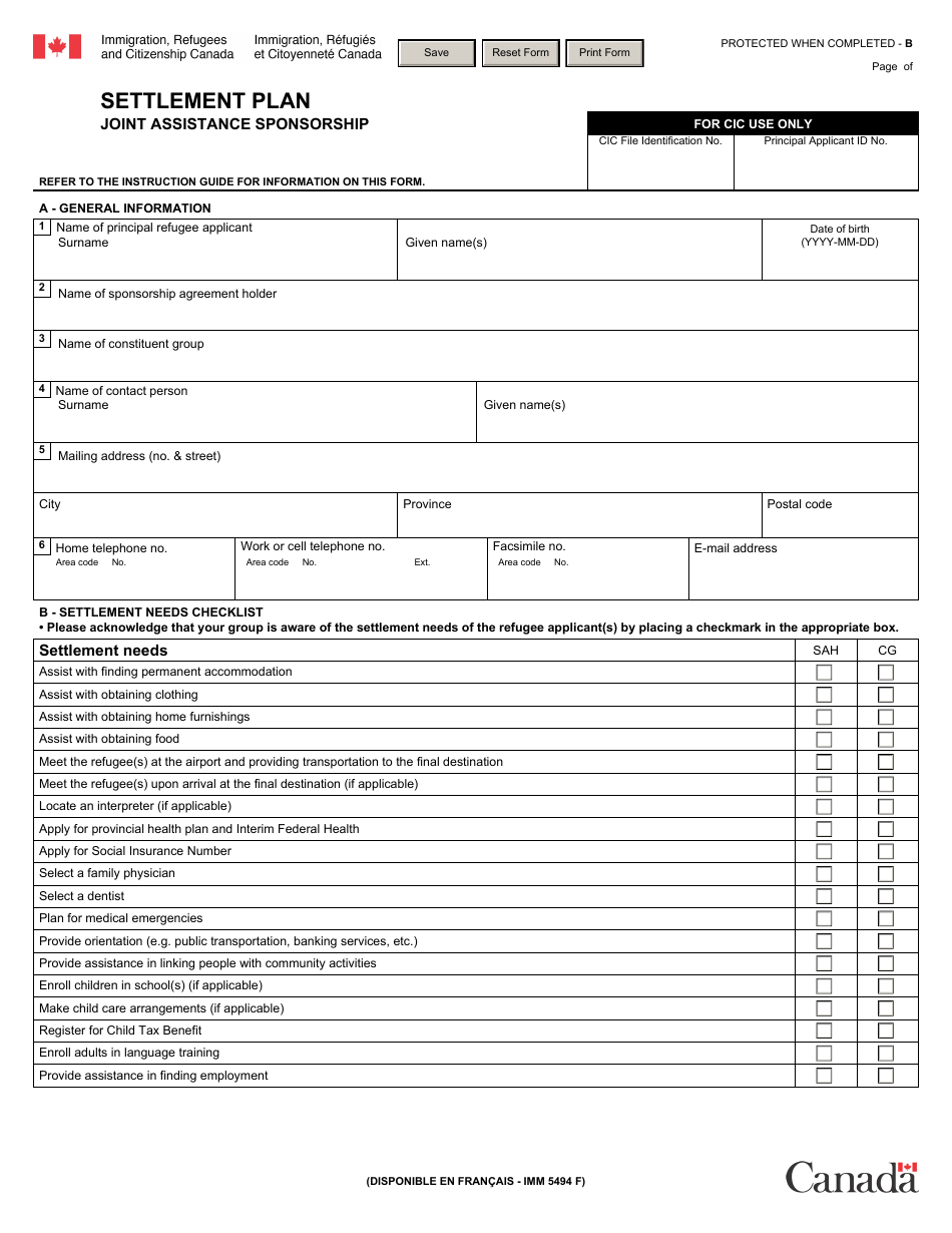 Form IMM5494 Download Fillable PDF Settlement Plan - Joint Assistance ...