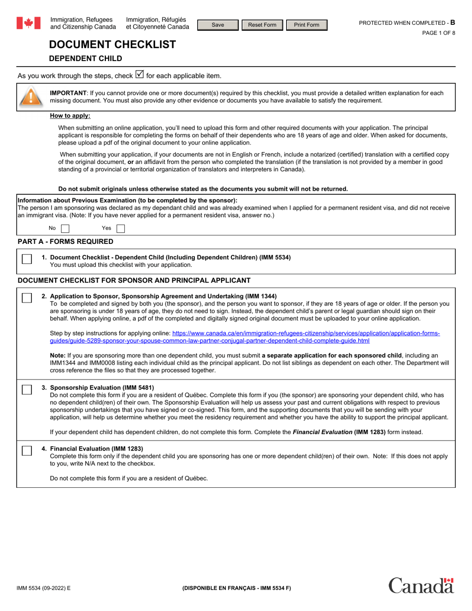 Form IMM5534 Download Fillable PDF Document Checklist - Dependent Child ...
