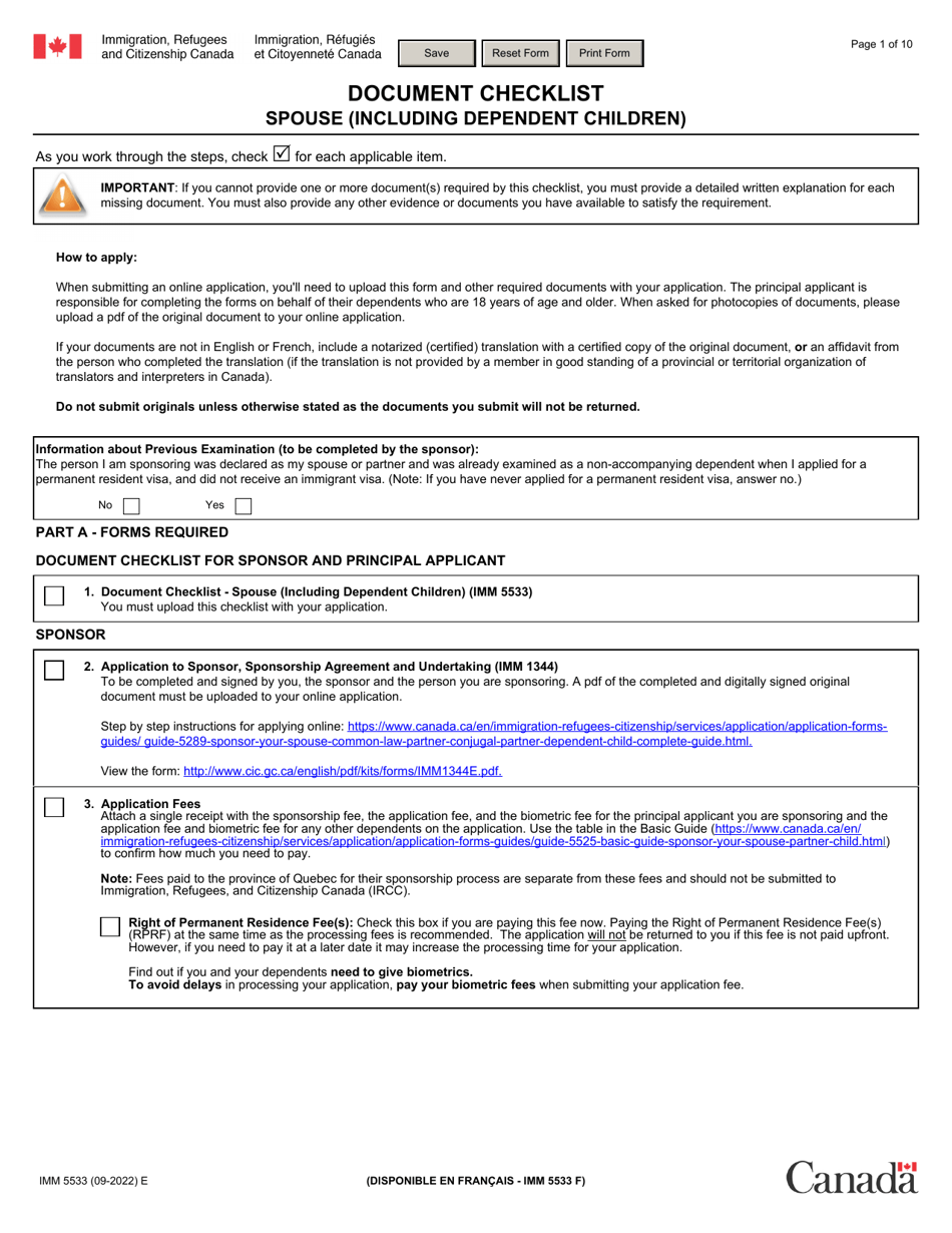 Form IMM5533 Download Fillable PDF Document Checklist - Spouse ...