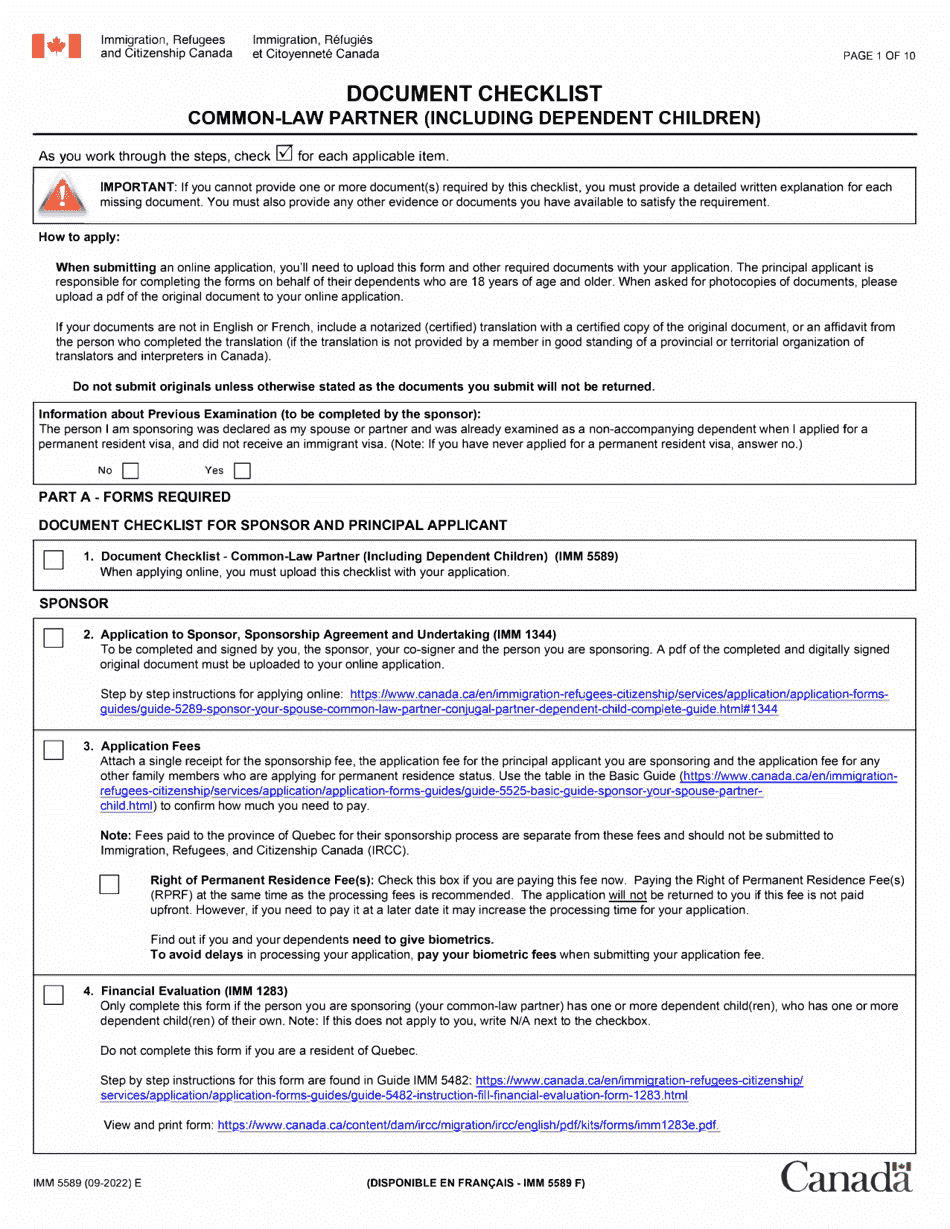 Form IMM5589 Download Fillable PDF Document Checklist - Sponsoring a Common-Law Partner ...
