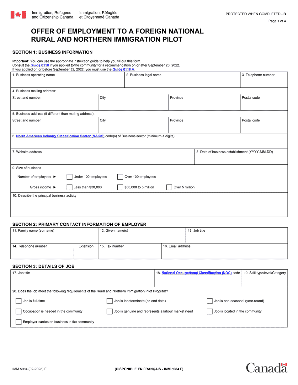 Form IMM5984 Download Fillable PDF or Fill Online Offer of Employment ...