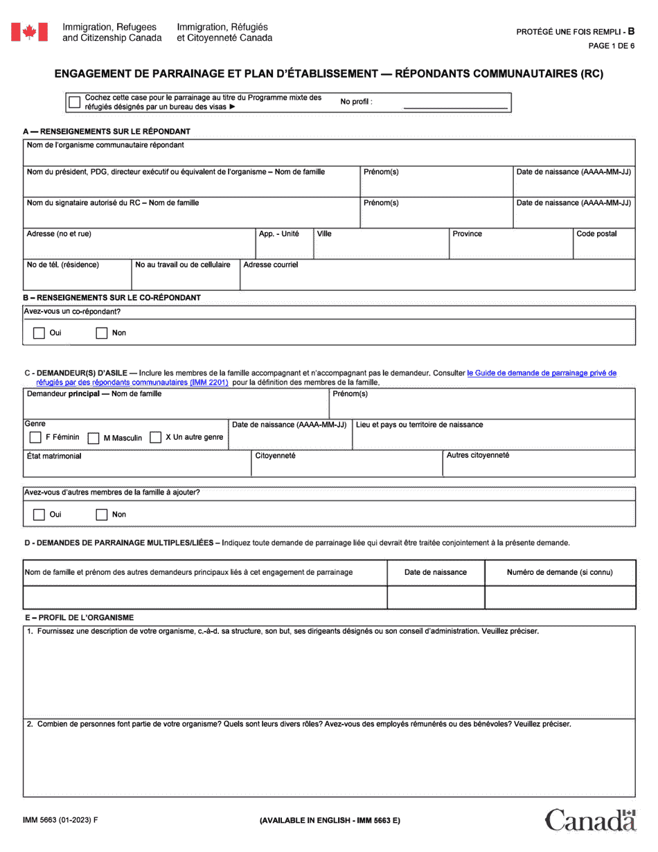 Forme IMM5663 Download Fillable PDF Engagement De Parrainage Et Plan D'etablissement ...