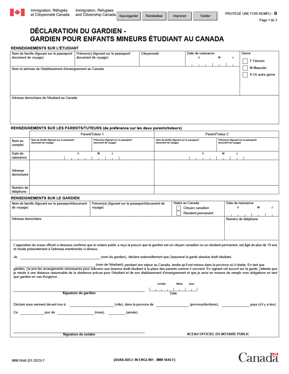 Forme IMM5646 Download Fillable PDF Declaration Du Gardien, Canada ...