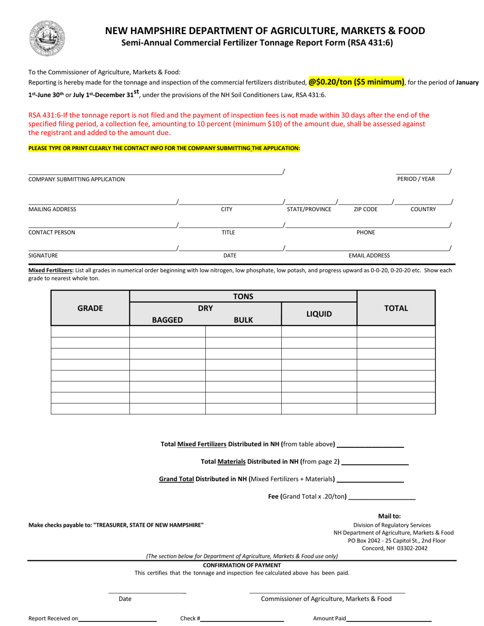 New Hampshire Semi-annual Commercial Fertilizer Tonnage Report Form ...