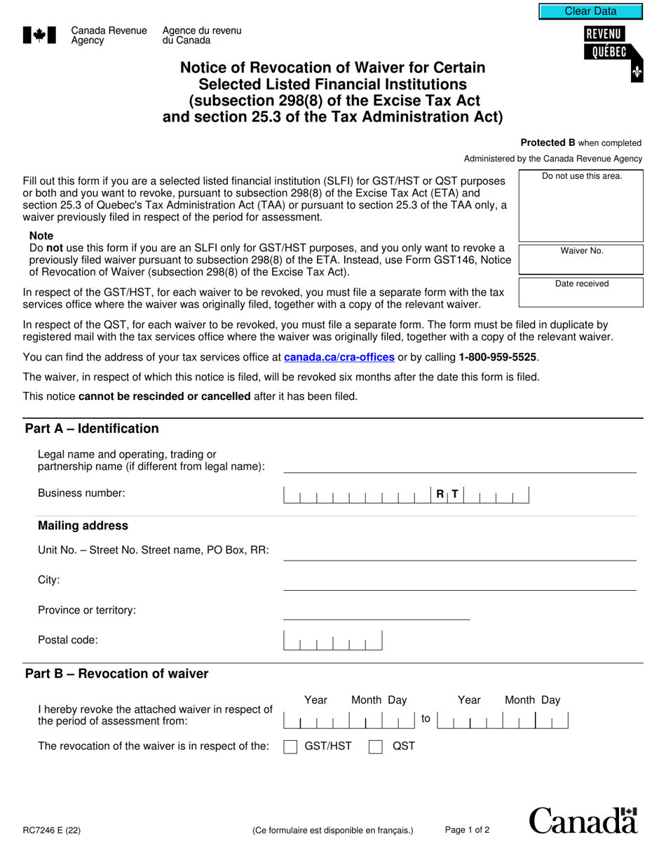 Form RC7246 - Fill Out, Sign Online and Download Fillable PDF, Canada ...