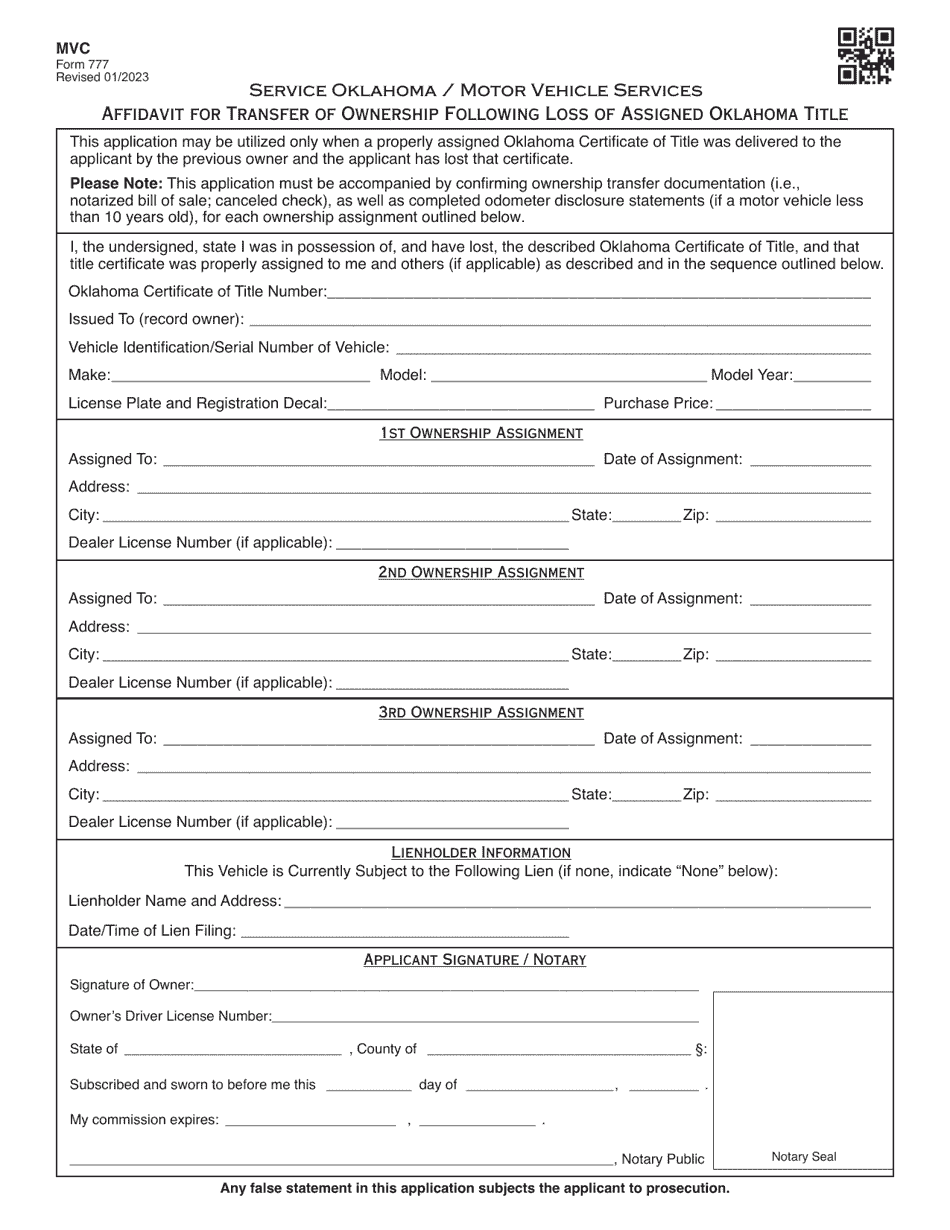 Form 777 - Fill Out, Sign Online and Download Fillable PDF, Oklahoma ...