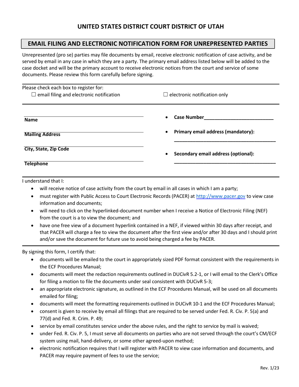 Utah Email Filing and Electronic Notification Form for Unrepresented ...