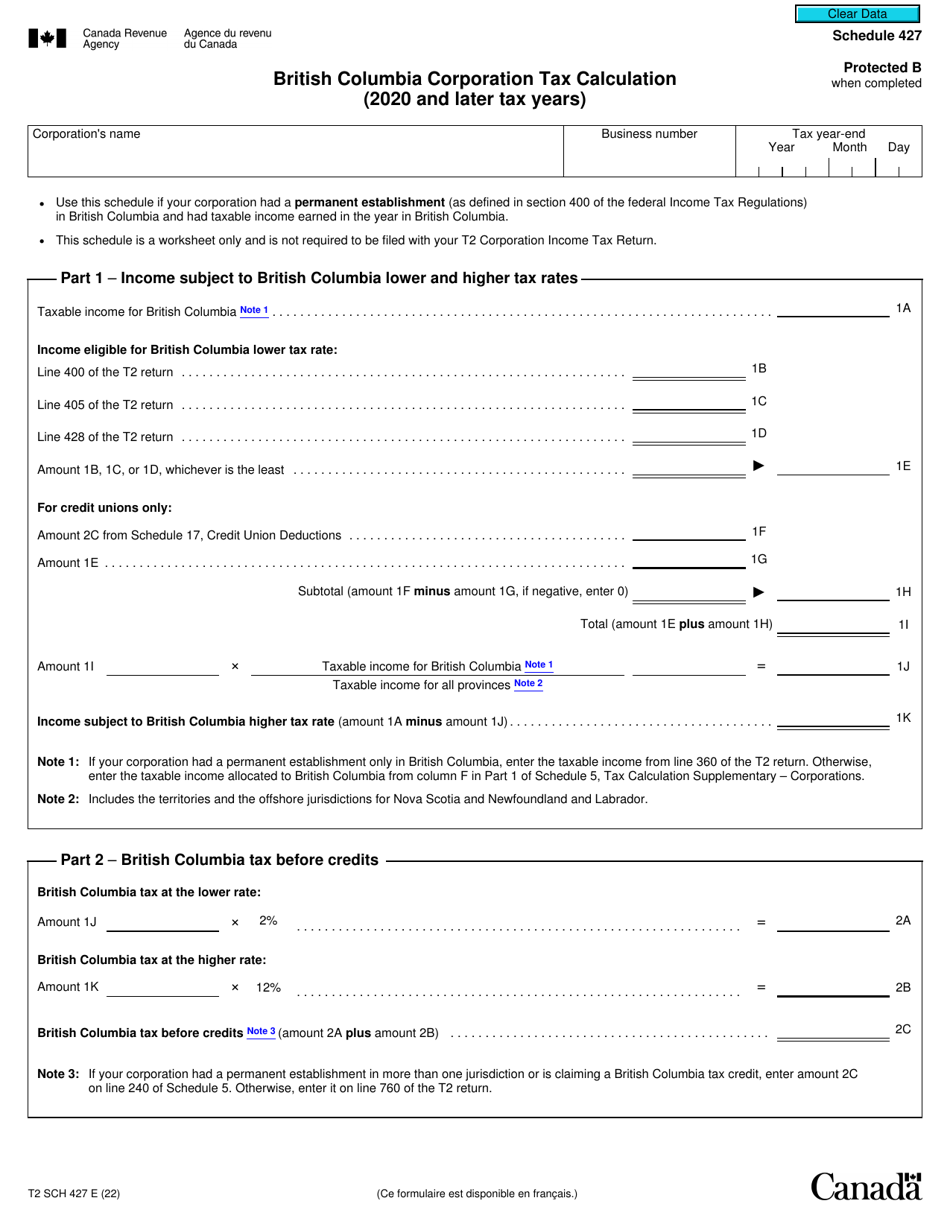 Form T2 Schedule 427 Download Fillable PDF or Fill Online British ...
