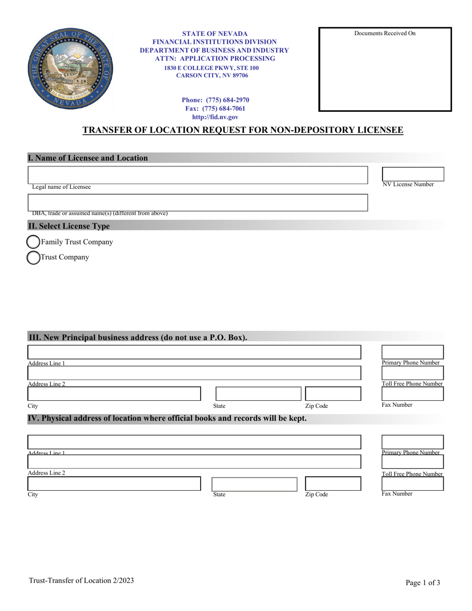 Nevada Transfer of Location Request for Non-depository Licensee ...