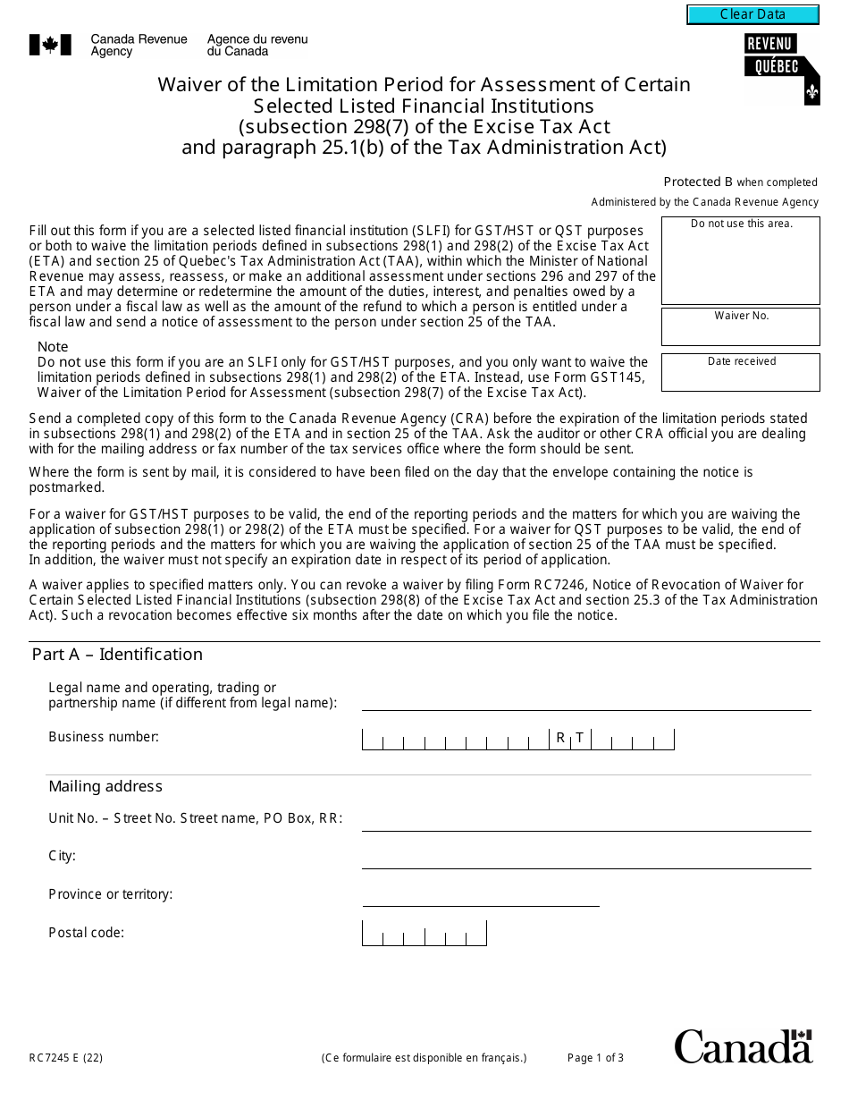 Form RC7245 Download Fillable PDF or Fill Online Waiver of the ...