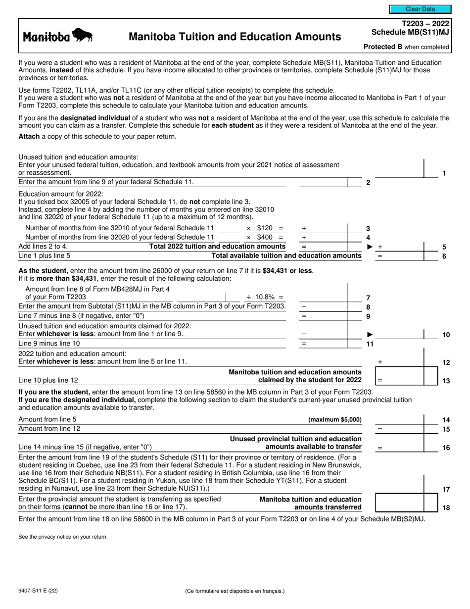 Form T2203 (9407-S11) Schedule MB(S11)MJ Download Fillable PDF or Fill ...