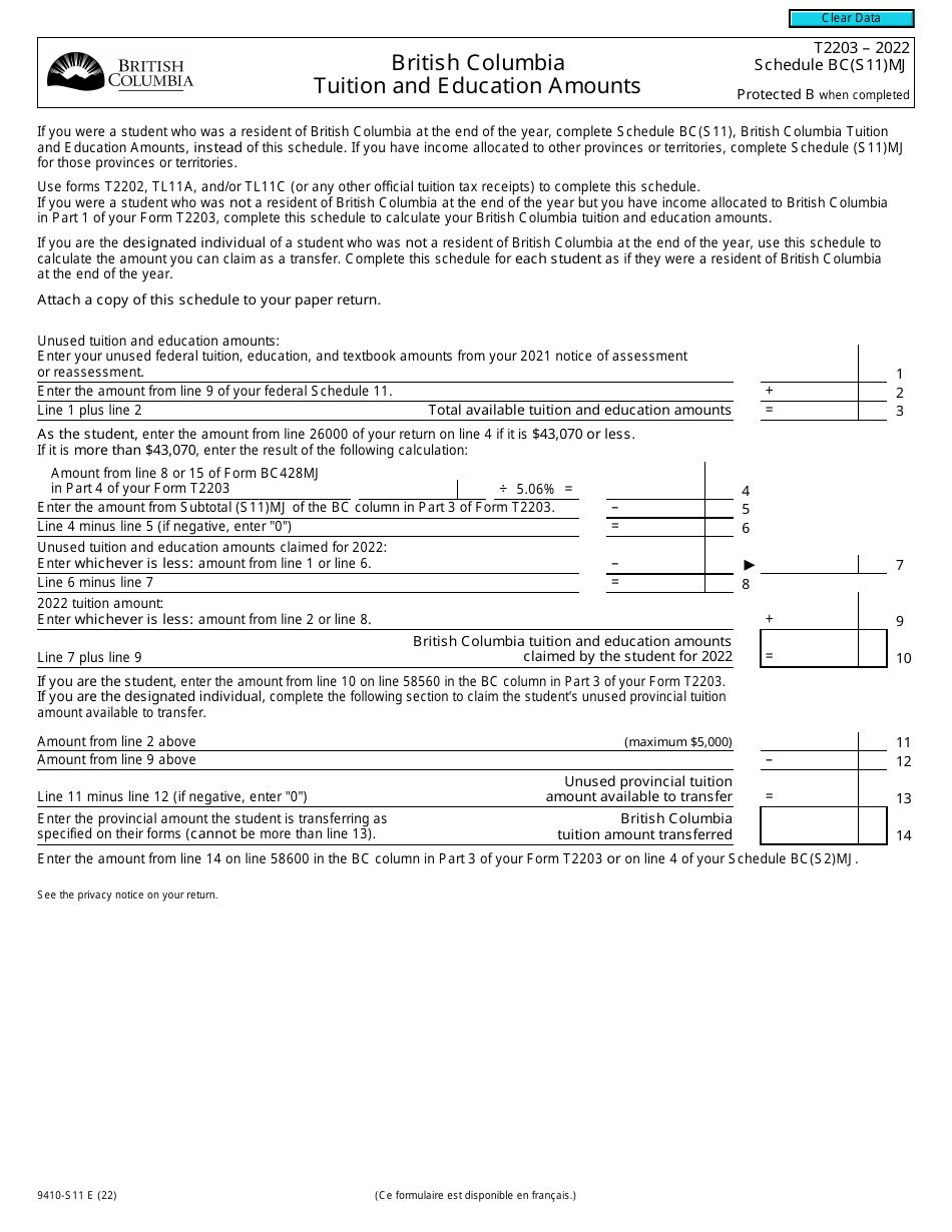 Form T2203 (9410-S11) Schedule BC(S11)MJ - 2022 - Fill Out, Sign Online ...