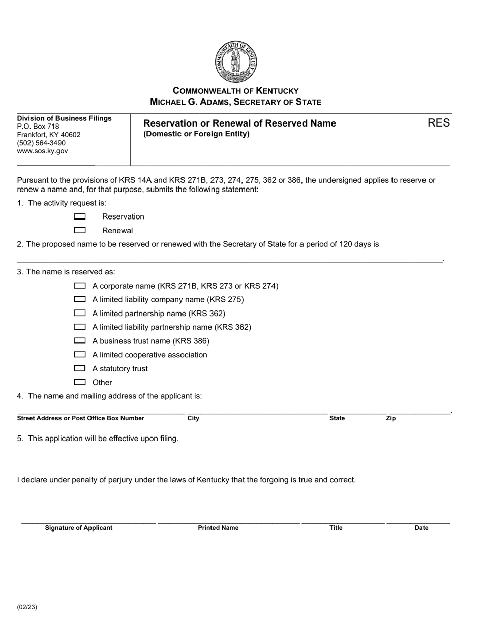 Form RES - Fill Out, Sign Online and Download Fillable PDF, Kentucky ...