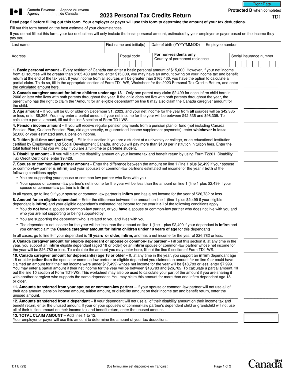 Form TD1 - 2023 - Fill Out, Sign Online and Download Fillable PDF, Canada | Templateroller