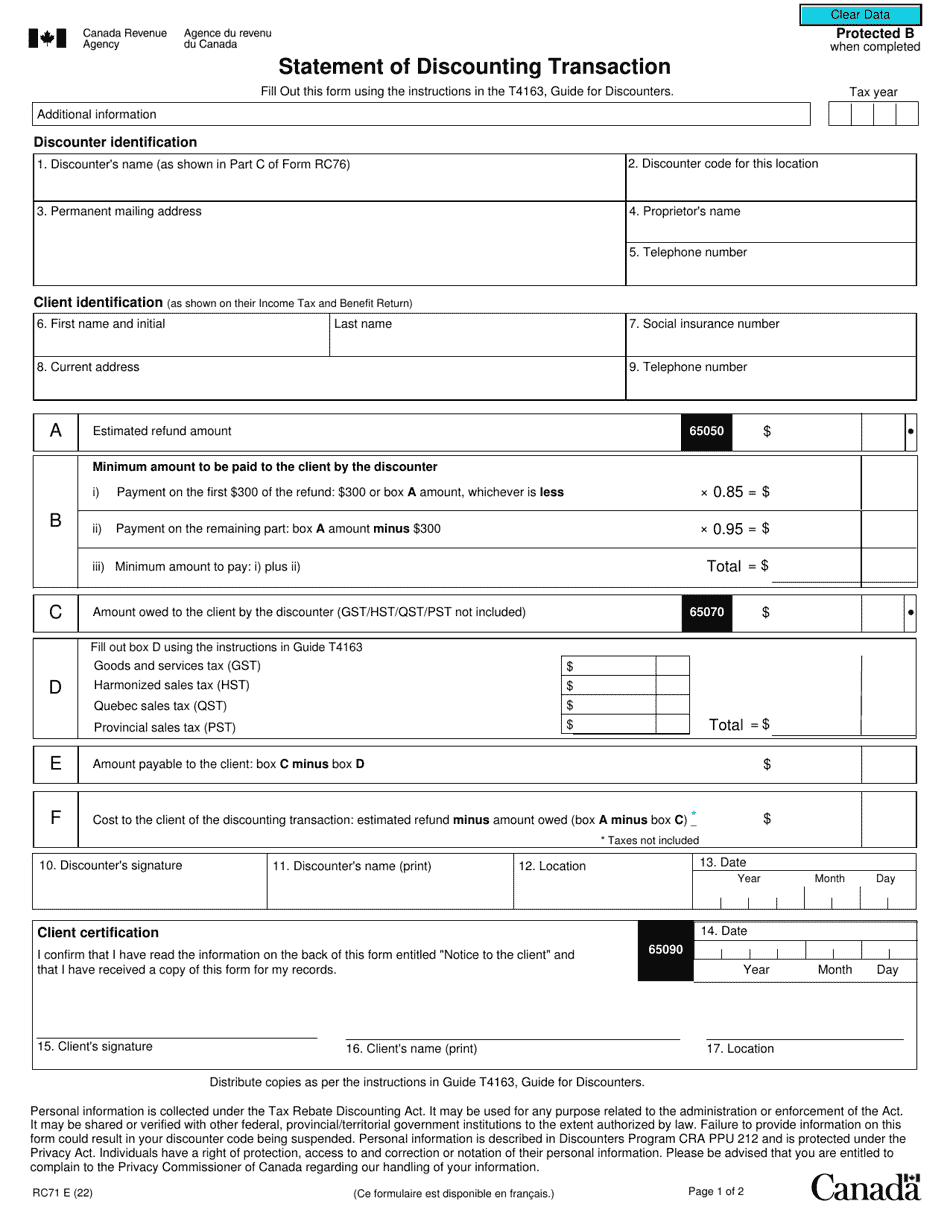 Form RC71 - Fill Out, Sign Online and Download Fillable PDF, Canada ...