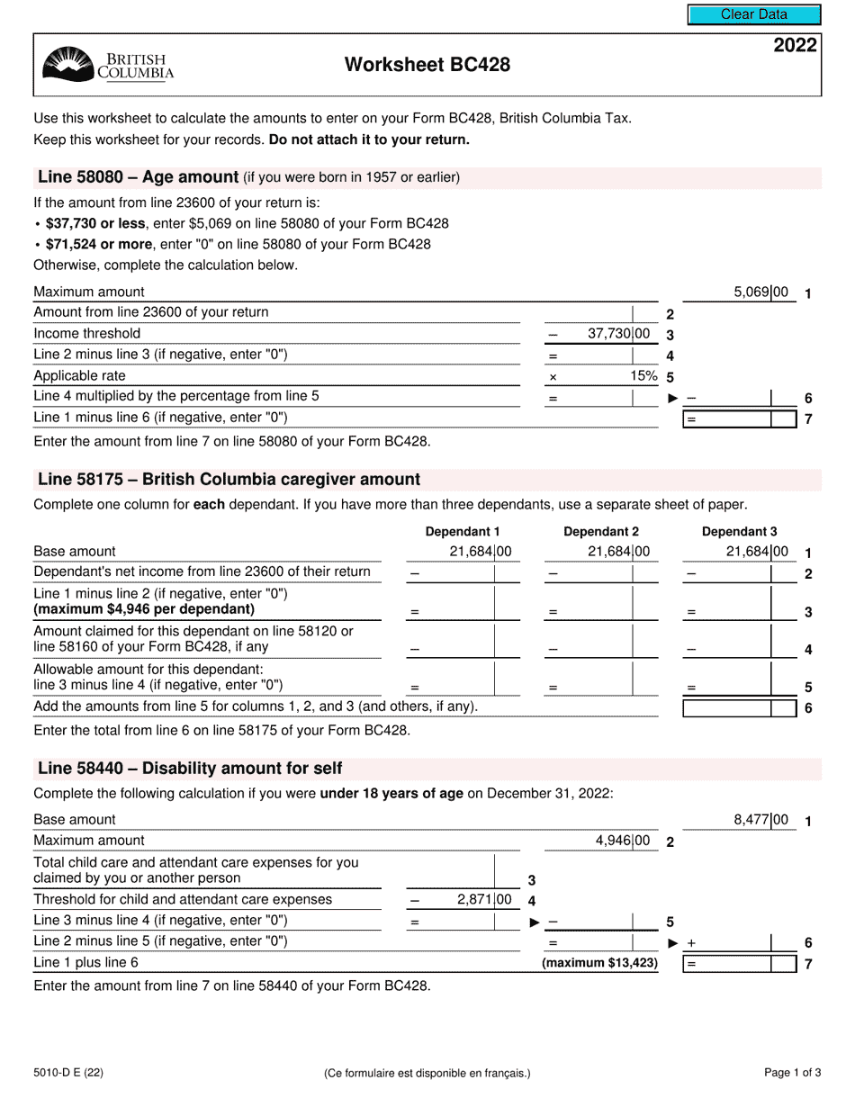 Form 5010-D Worksheet BC428 - 2022 - Fill Out, Sign Online and Download ...