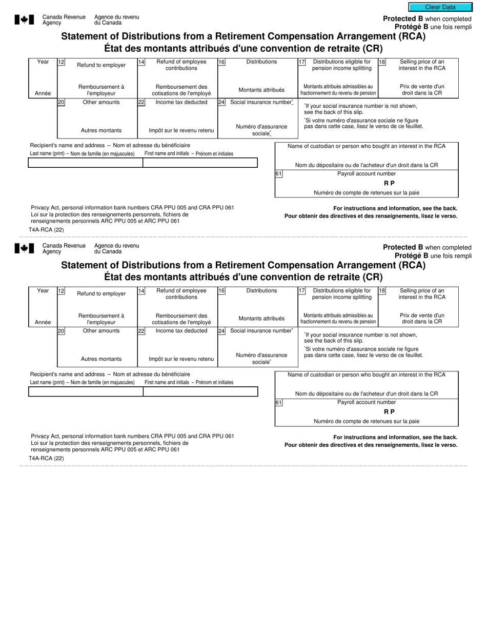 Form T4A-RCA Download Fillable PDF or Fill Online Statement of ...