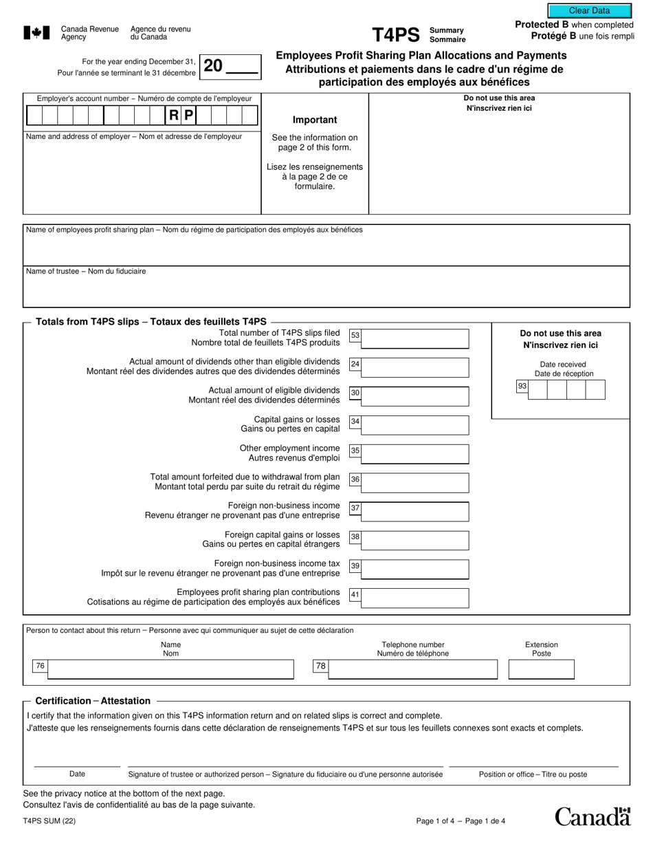 Form T4PS SUM Download Fillable PDF or Fill Online Employees Profit ...