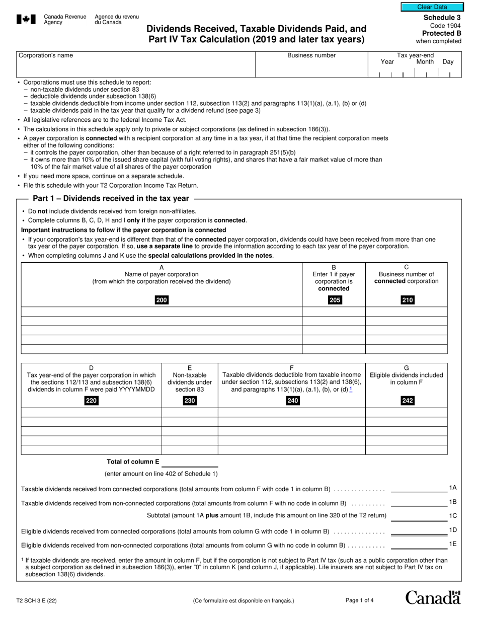 Form T2 Schedule 3 Download Fillable PDF or Fill Online Dividends ...