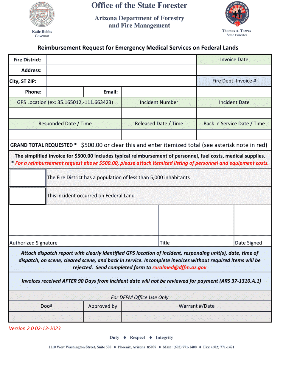 Arizona Reimbursement Request for Emergency Medical Services on Federal ...