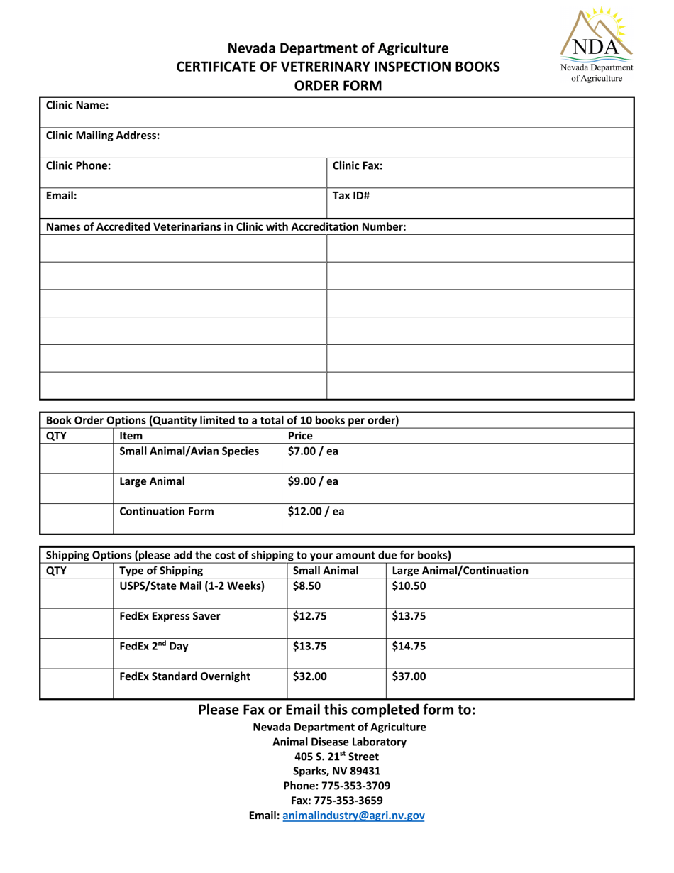 Nevada Certificate of Vetrerinary Inspection Books Order Form - Fill ...
