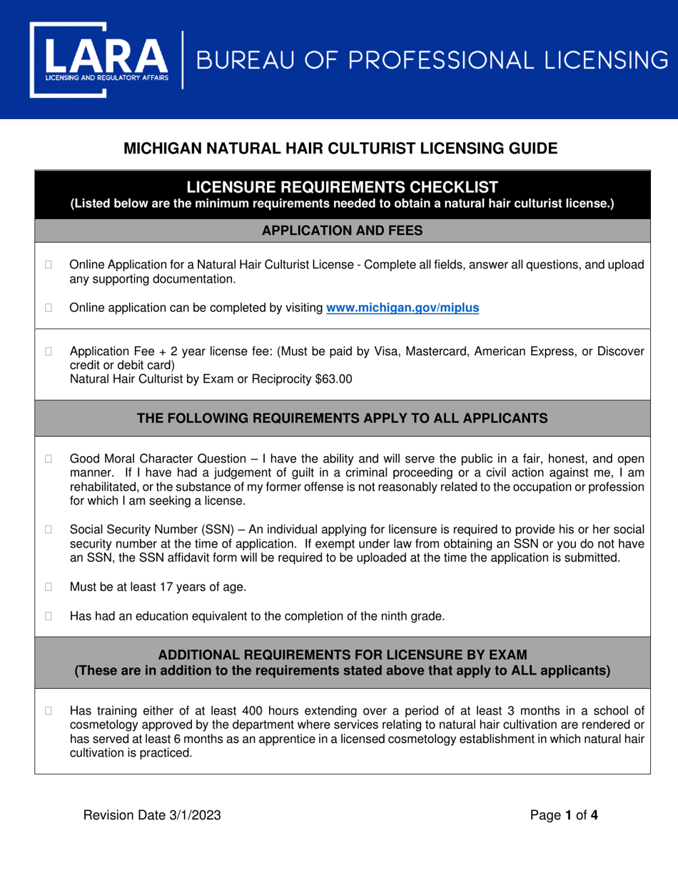Michigan Natural Hair Culturist Licensing Guide - Licensure Requirements Checklist - Fill Out ...