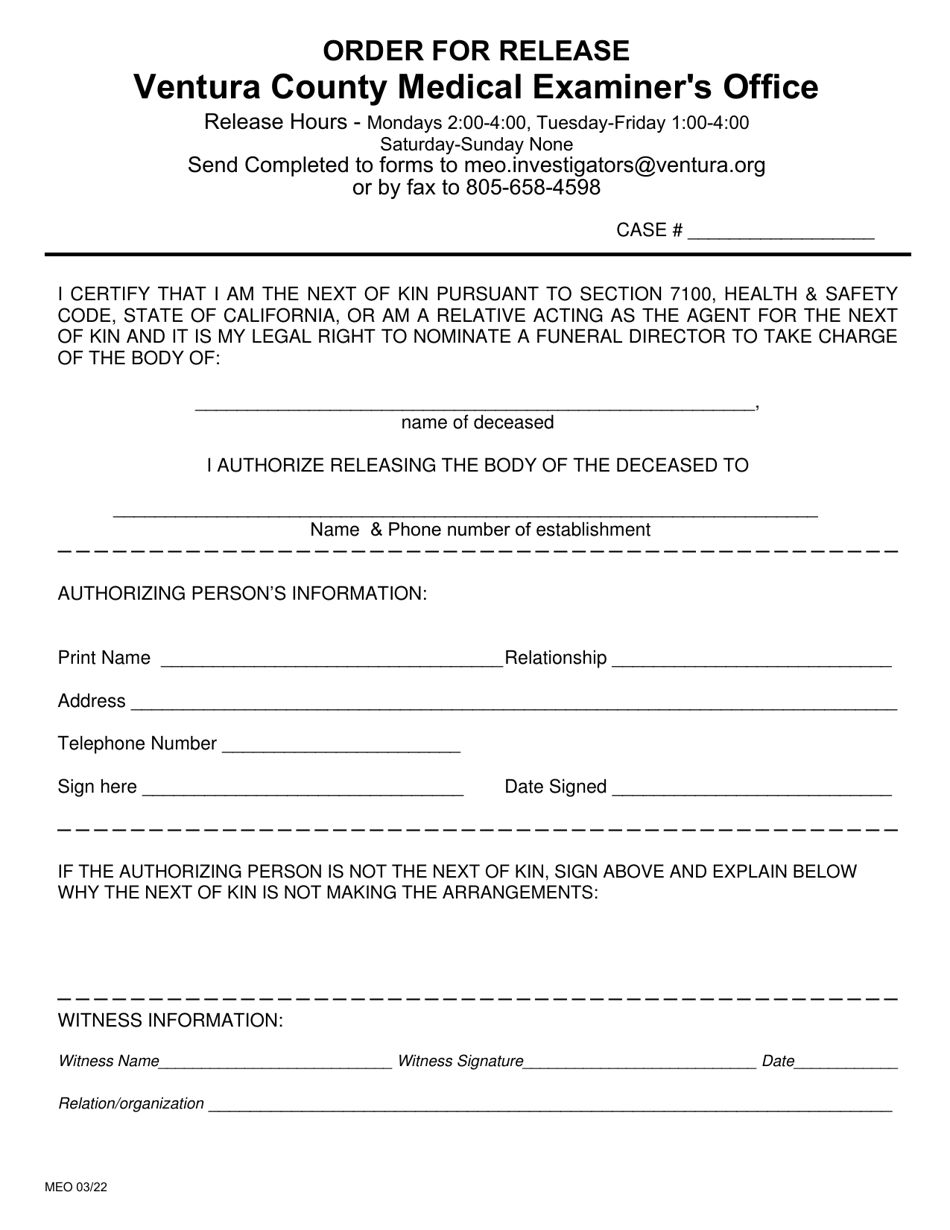 Ventura County, California Order for Release - Fill Out, Sign Online ...