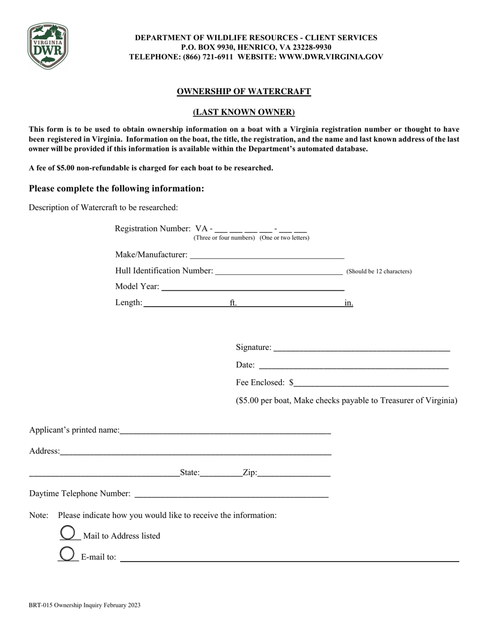 Form BRT-015 Download Fillable PDF or Fill Online Ownership of ...