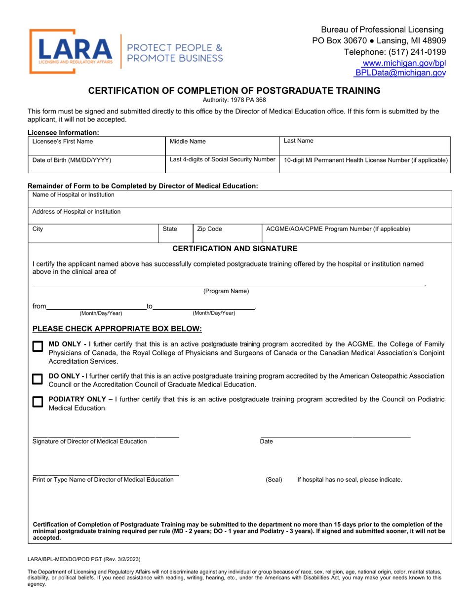 Form LARA/BPL-MED/DO/POD PGT - Fill Out, Sign Online and Download Fillable PDF, Michigan ...