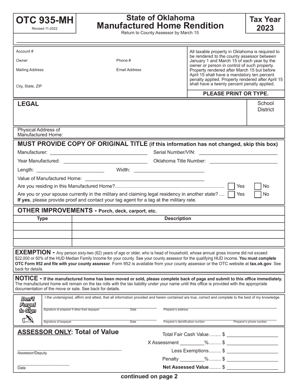 OTC Form 935-MH - 2023 - Fill Out, Sign Online and Download Fillable ...