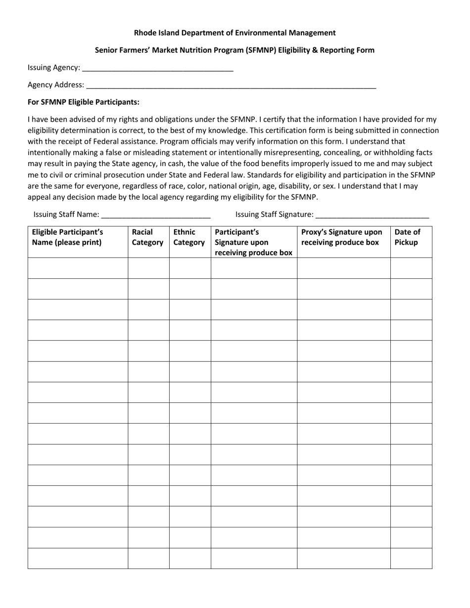 Rhode Island Senior Farmers' Market Nutrition Program (Sfmnp ...