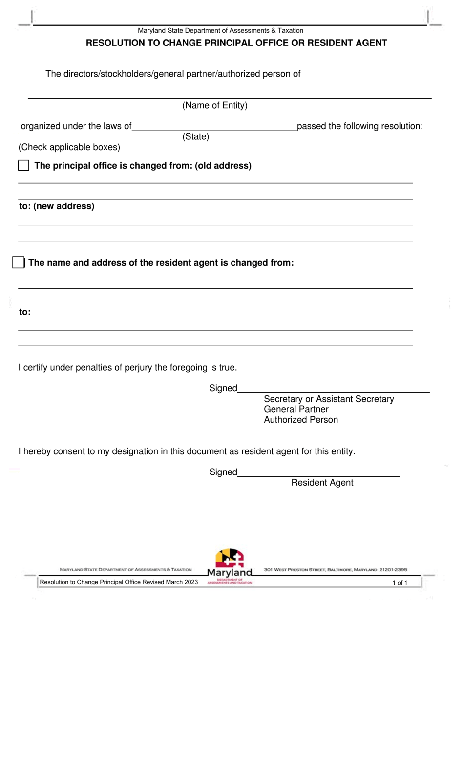 Maryland Resolution to Change Principal Office or Resident Agent ...