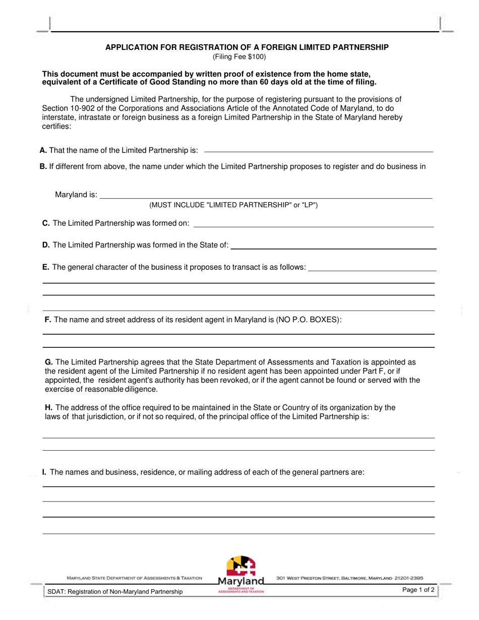 Maryland Application for Registration of a Foreign Limited Partnership ...