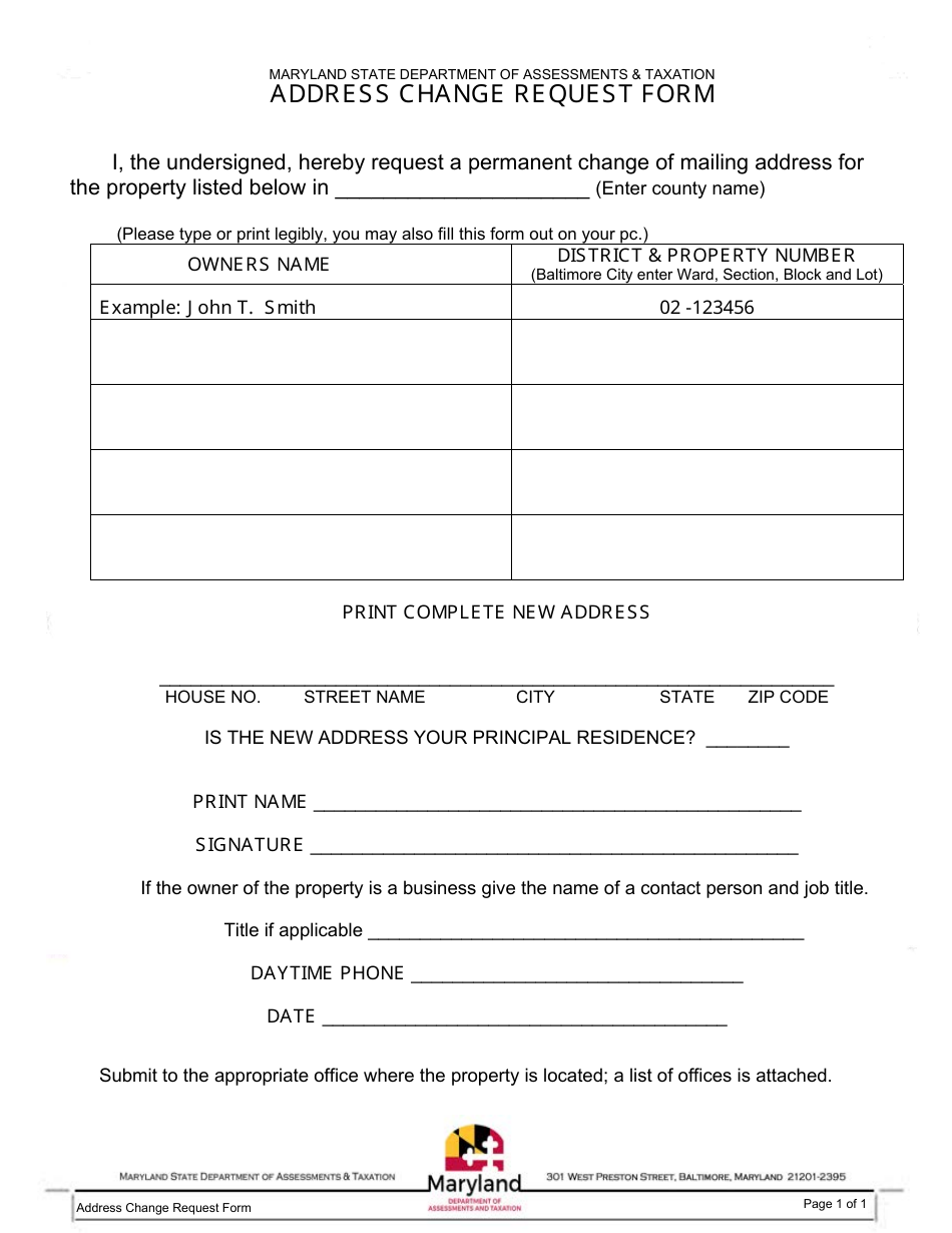 Maryland Address Change Request Form Download Fillable PDF Templateroller