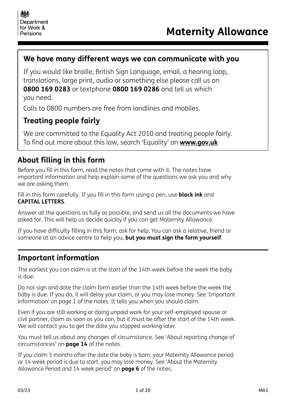 Form MA1 Download Fillable PDF or Fill Online Maternity Allowance ...