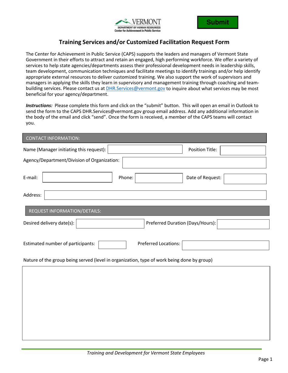 Vermont Training Services and/or Customized Facilitation Request Form ...