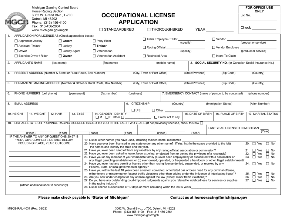 Form MGCB-RAL-4031 Download Fillable PDF or Fill Online Occupational ...