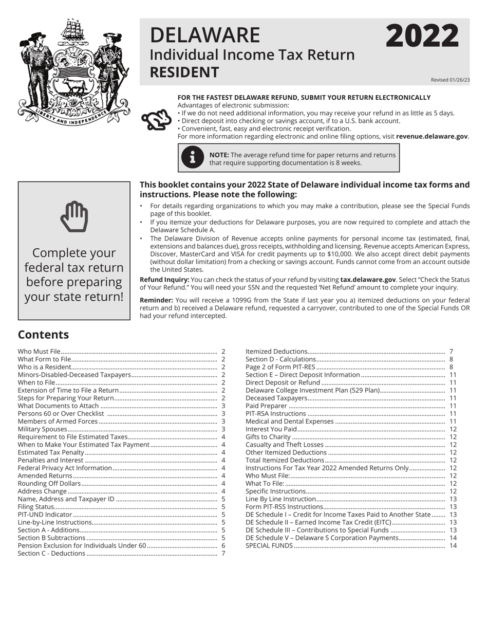 Download Instructions for Form PIT-RES Delaware Individual Resident ...