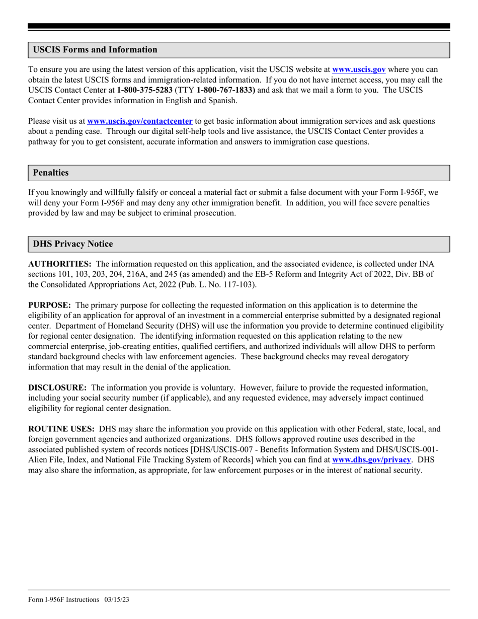 Download Instructions for USCIS Form I-956F Application for Approval of an Investment in a ...